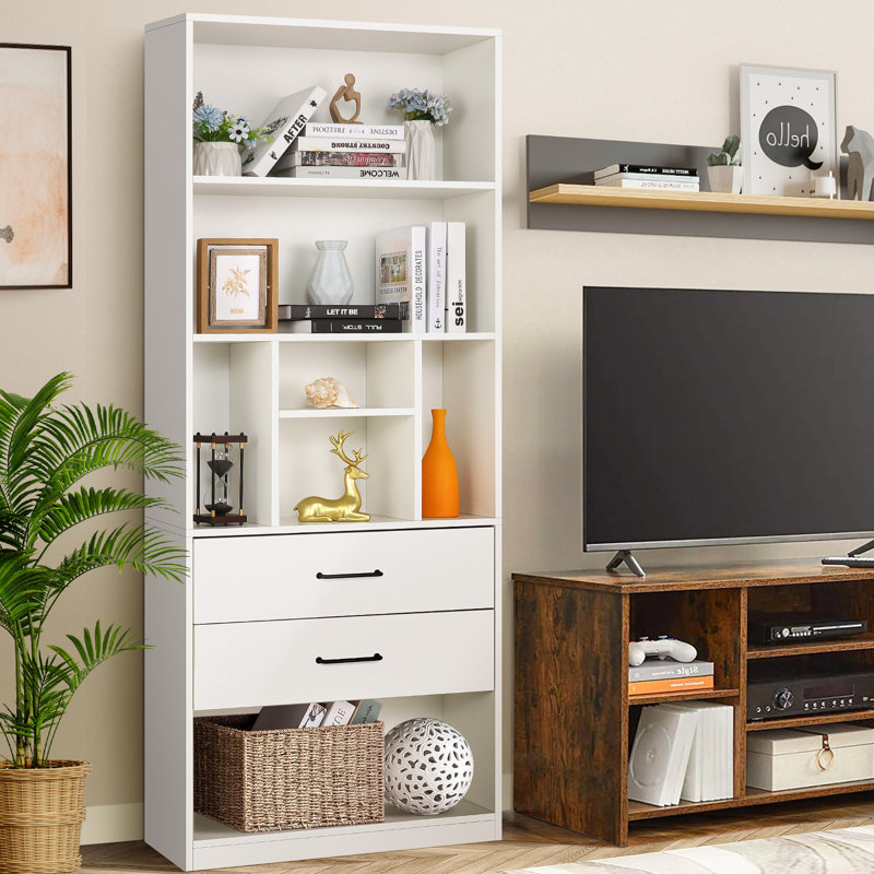 Latitude Run® Giesa 71"H Modern White Bookcases Storage Bookshelf with 2 Drawers & 7 Open ...